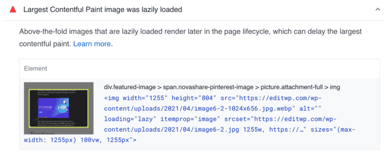 How to fix the "Largest Contentful Paint image was lazily loaded" warning