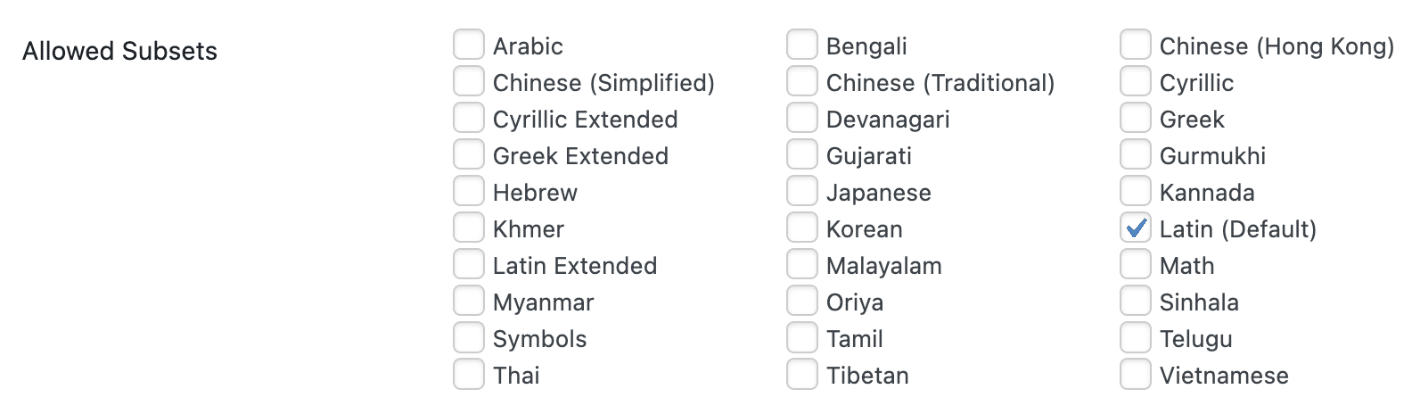 How to limit Google Fonts subsets in WordPress